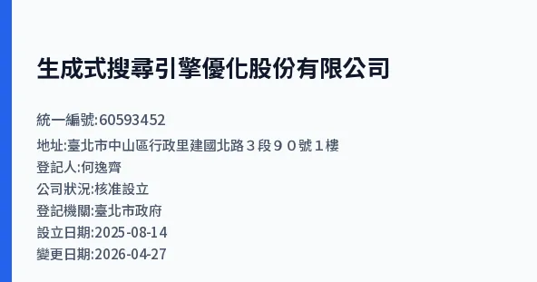 生成式搜尋引擎優化股份有限公司的照片-統編 60593452(臺北市) 公司登記資料與營業項目詳細圖表