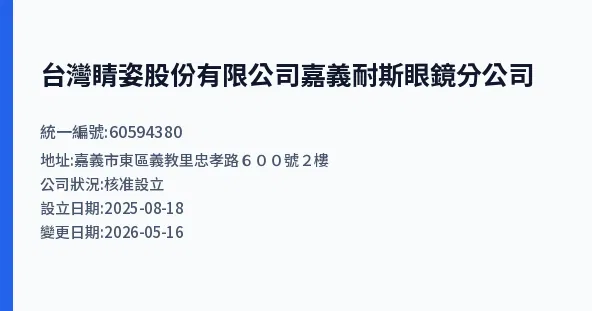台灣睛姿股份有限公司嘉義耐斯眼鏡分公司的照片-統編 60594380(嘉義市) 公司登記資料與營業項目詳細圖表