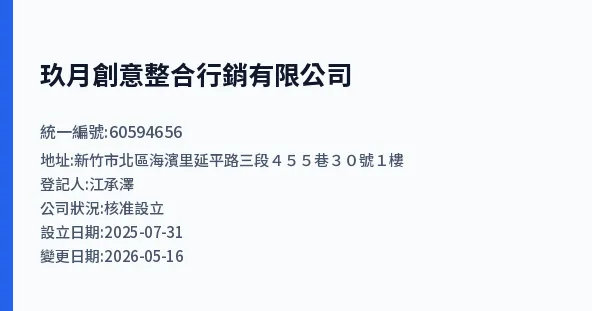 玖月創意整合行銷有限公司的照片-統編 60594656(新竹市) 公司登記資料與營業項目詳細圖表