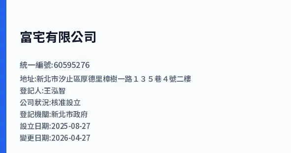 富宅有限公司的照片-統編 60595276(新北市) 公司登記資料與營業項目詳細圖表