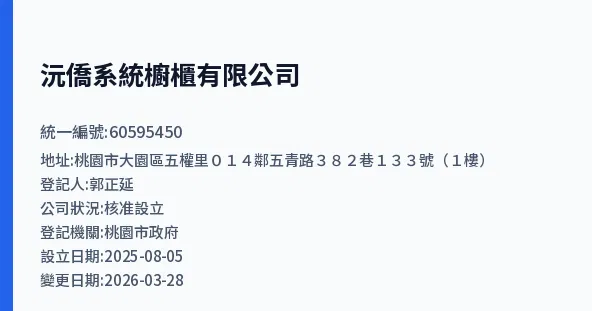 沅僑系統櫥櫃有限公司的照片-統編 60595450(桃園市) 公司登記資料與營業項目詳細圖表