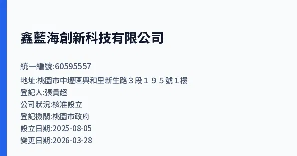 鑫藍海創新科技有限公司的照片-統編 60595557(桃園市) 公司登記資料與營業項目詳細圖表