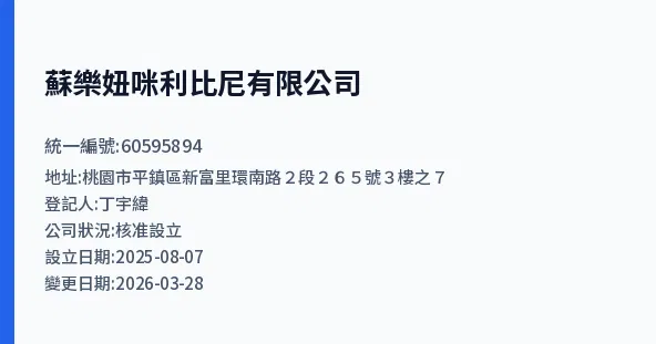 蘇樂妞咪利比尼有限公司的照片-統編 60595894(桃園市) 公司登記資料與營業項目詳細圖表
