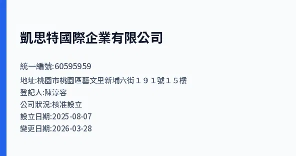 凱思特國際企業有限公司的照片-統編 60595959(桃園市) 公司登記資料與營業項目詳細圖表