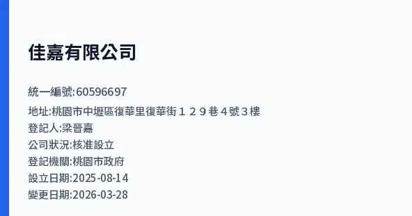 佳嘉有限公司的照片-統編 60596697(桃園市) 公司登記資料與營業項目詳細圖表