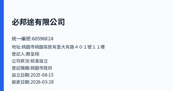 必邦途有限公司的照片-統編 60596824(桃園市) 公司登記資料與營業項目詳細圖表