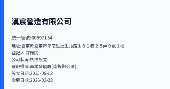 漢宸營造有限公司的照片-統編 60597154(臺東縣) 公司登記資料與營業項目詳細圖表