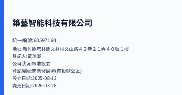 築藝智能科技有限公司的照片-統編 60597160(新竹縣) 公司登記資料與營業項目詳細圖表