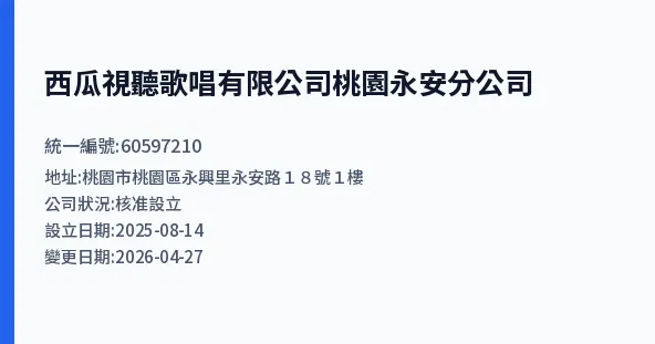 西瓜視聽歌唱有限公司桃園永安分公司的照片-統編 60597210(桃園市) 公司登記資料與營業項目詳細圖表