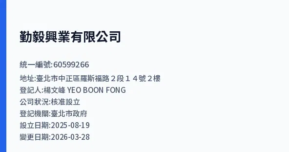 勤毅興業有限公司的照片-統編 60599266(臺北市) 公司登記資料與營業項目詳細圖表