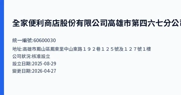 全家便利商店股份有限公司高雄市第四六七分公司的照片-統編 60600030(高雄市) 公司登記資料與營業項目詳細圖表