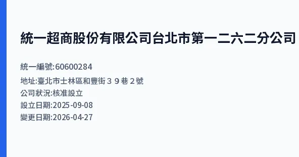 統一超商股份有限公司台北市第一二六二分公司的照片-統編 60600284(臺北市) 公司登記資料與營業項目詳細圖表