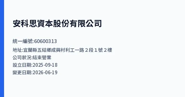 安科思資本股份有限公司的照片-統編 60600313 公司登記資料與營業項目詳細圖表