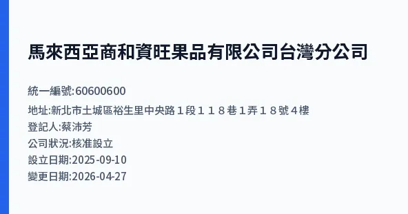 馬來西亞商和資旺果品有限公司台灣分公司的照片-統編 60600600(新北市) 公司登記資料與營業項目詳細圖表