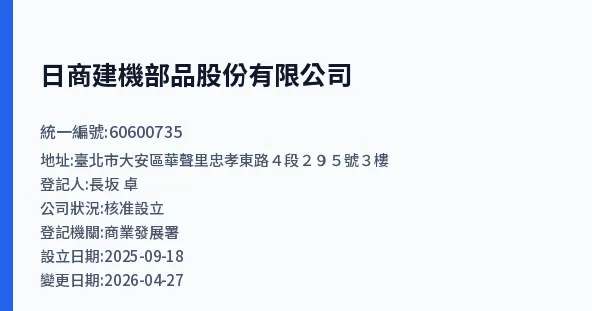 日商建機部品股份有限公司的照片-統編 60600735(臺北市) 公司登記資料與營業項目詳細圖表