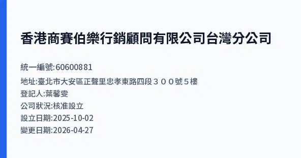 香港商賽伯樂行銷顧問有限公司台灣分公司的照片-統編 60600881(臺北市) 公司登記資料與營業項目詳細圖表