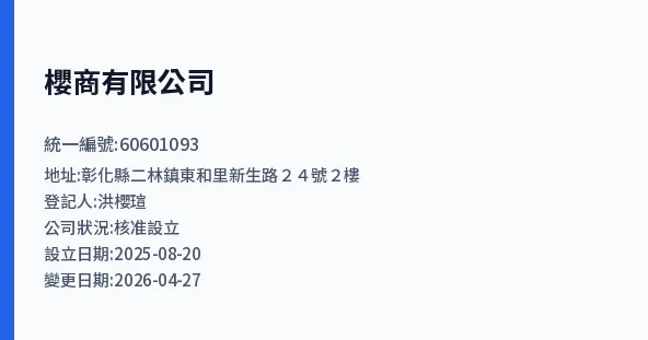 櫻商有限公司的照片-統編 60601093(彰化縣) 公司登記資料與營業項目詳細圖表
