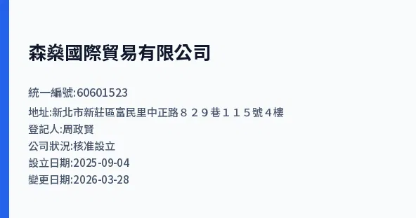 森燊國際貿易有限公司的照片-統編 60601523(新北市) 公司登記資料與營業項目詳細圖表