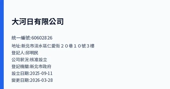 大河日有限公司的照片-統編 60602826(新北市) 公司登記資料與營業項目詳細圖表