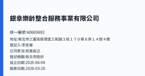 銀幸樂齡整合服務事業有限公司的照片-統編 60603682(新北市) 公司登記資料與營業項目詳細圖表