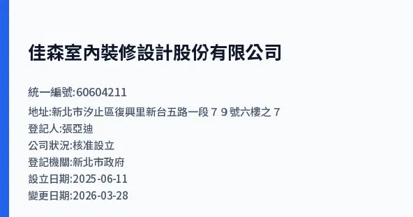 佳森室內裝修設計股份有限公司的照片-統編 60604211(新北市) 公司登記資料與營業項目詳細圖表