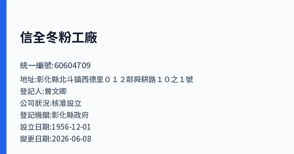 信全冬粉工廠的照片-統編 60604709(彰化縣) 公司登記資料與營業項目詳細圖表