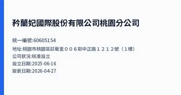 矜蘭妃國際股份有限公司桃園分公司的照片-統編 60605154(桃園市) 公司登記資料與營業項目詳細圖表