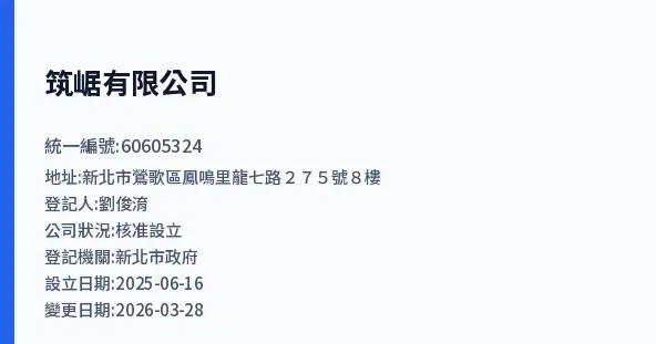 筑崌有限公司的照片-統編 60605324(新北市) 公司登記資料與營業項目詳細圖表