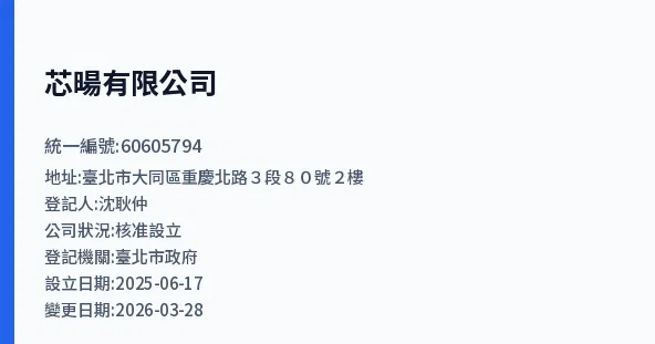 芯暘有限公司的照片-統編 60605794(臺北市) 公司登記資料與營業項目詳細圖表