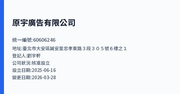 原宇廣告有限公司的照片-統編 60606246(臺北市) 公司登記資料與營業項目詳細圖表