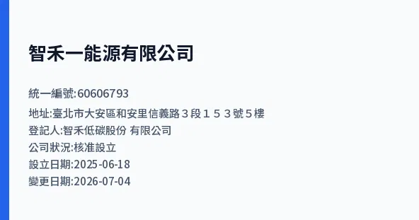 智禾一能源有限公司的照片-統編 60606793(臺北市) 公司登記資料與營業項目詳細圖表