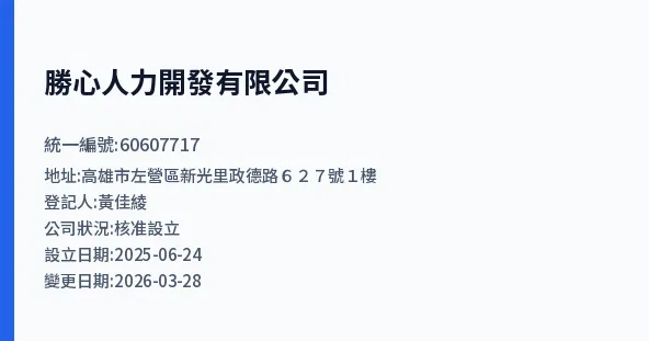 勝心人力開發有限公司的照片-統編 60607717(高雄市) 公司登記資料與營業項目詳細圖表