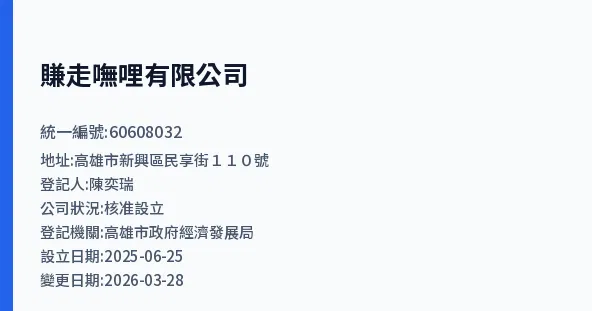 賺走嘸哩有限公司的照片-統編 60608032(高雄市) 公司登記資料與營業項目詳細圖表