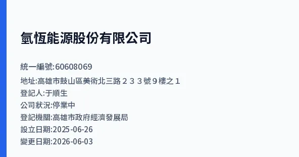 氫恆能源股份有限公司的照片-統編 60608069(高雄市) 公司登記資料與營業項目詳細圖表
