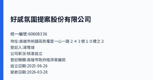 好感氛圍提案股份有限公司的照片-統編 60608336(高雄市) 公司登記資料與營業項目詳細圖表