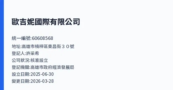歐吉妮國際有限公司的照片-統編 60608568(高雄市) 公司登記資料與營業項目詳細圖表