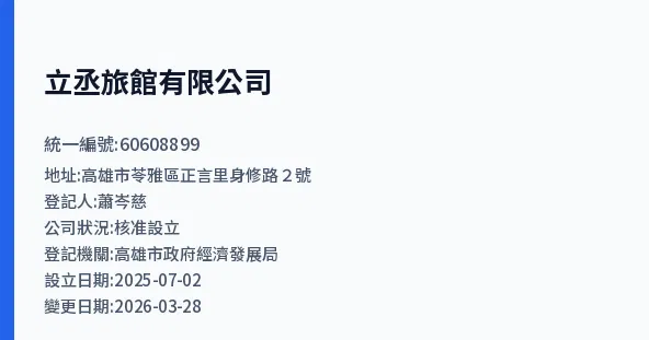 立丞旅館有限公司的照片-統編 60608899(高雄市) 公司登記資料與營業項目詳細圖表