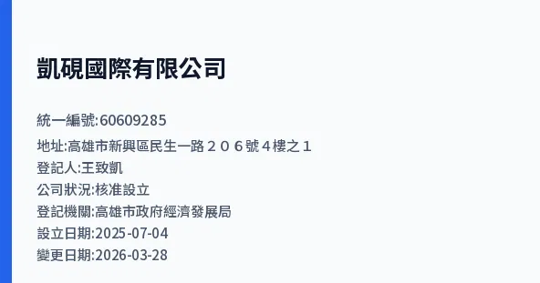 凱硯國際有限公司的照片-統編 60609285(高雄市) 公司登記資料與營業項目詳細圖表