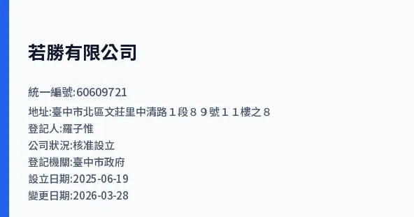 若勝有限公司的照片-統編 60609721(臺中市) 公司登記資料與營業項目詳細圖表