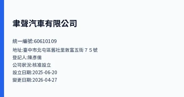 聿聲汽車有限公司的照片-統編 60610109(臺中市) 公司登記資料與營業項目詳細圖表