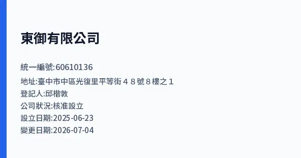 東御有限公司的照片-統編 60610136(臺中市) 公司登記資料與營業項目詳細圖表
