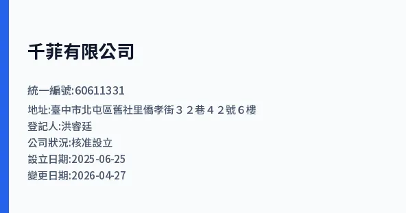千菲有限公司的照片-統編 60611331(臺中市) 公司登記資料與營業項目詳細圖表