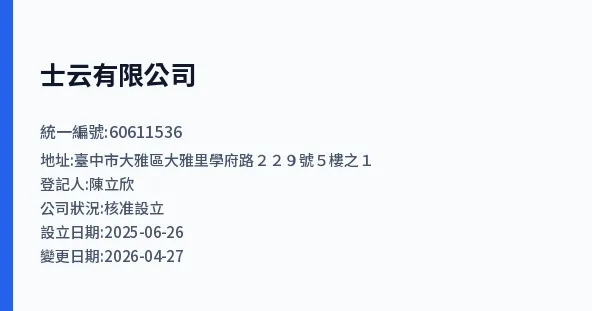 士云有限公司的照片-統編 60611536(臺中市) 公司登記資料與營業項目詳細圖表