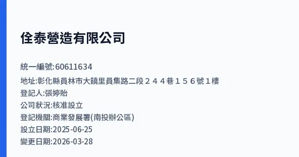 佺泰營造有限公司的照片-統編 60611634(彰化縣) 公司登記資料與營業項目詳細圖表