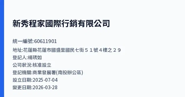 新秀程家國際行銷有限公司的照片-統編 60611901(花蓮縣) 公司登記資料與營業項目詳細圖表