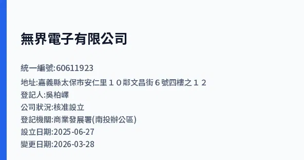 無界電子有限公司的照片-統編 60611923(嘉義縣) 公司登記資料與營業項目詳細圖表