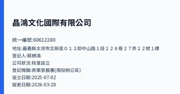 晶鴻文化國際有限公司的照片-統編 60612280(嘉義縣) 公司登記資料與營業項目詳細圖表
