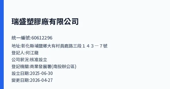 瑞盛塑膠廠有限公司的照片-統編 60612296(彰化縣) 公司登記資料與營業項目詳細圖表