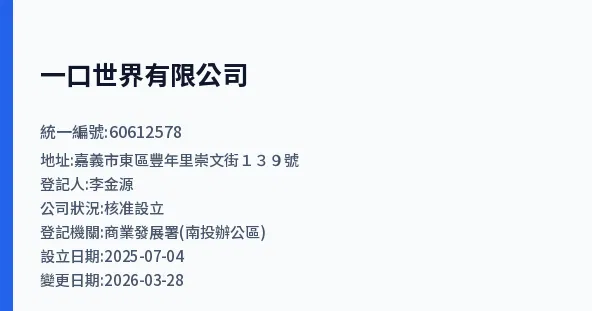 一口世界有限公司的照片-統編 60612578(嘉義市) 公司登記資料與營業項目詳細圖表