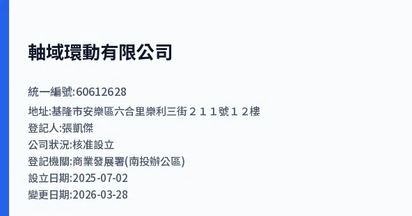 軸域環動有限公司的照片-統編 60612628(基隆市) 公司登記資料與營業項目詳細圖表